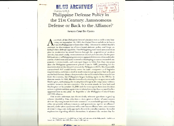 (PDF) Philippine Defense Policy in the 21st Century: Autonomous Defense ...