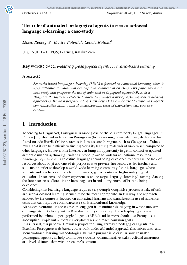 (PDF) The role of animated pedagogical agents in scenario -based language e-learning: a case-study