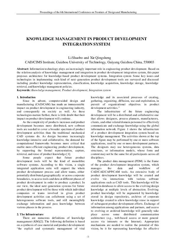 Pdf Knowledge Management In Product Development Integration System