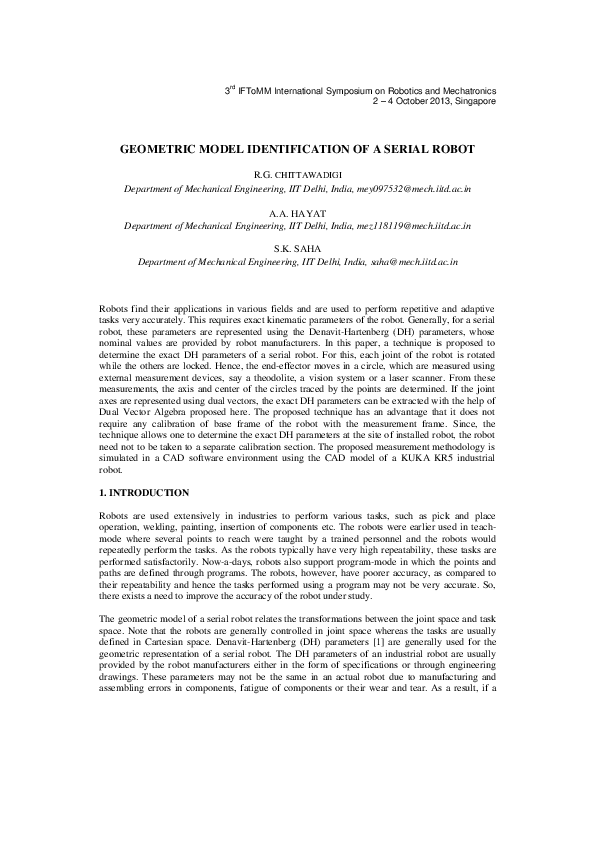 (PDF) Geometric Model Identification of a Serial Robot