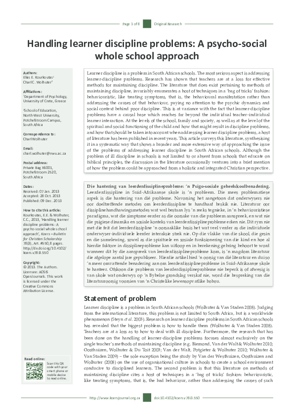 (PDF) Handling learner discipline problems: A psycho-social whole ...