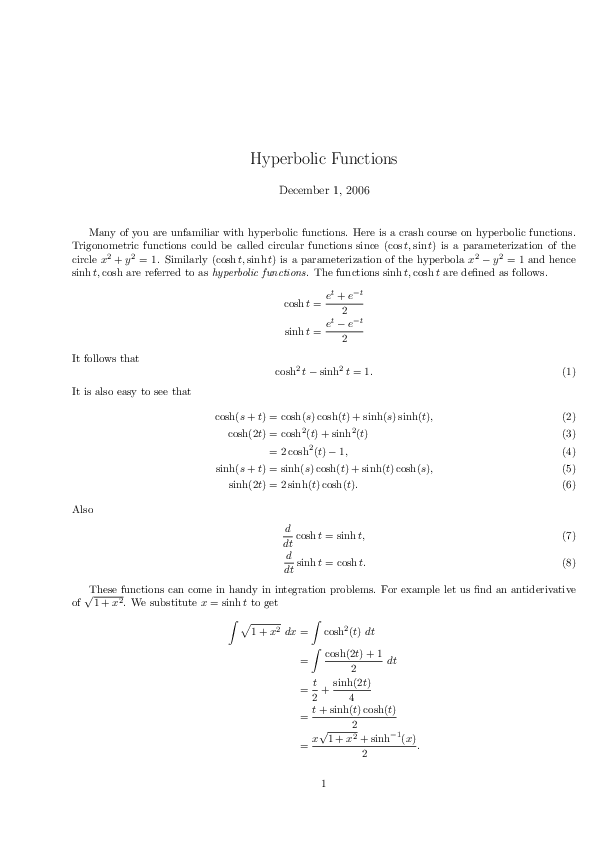 (PDF) Hyperbolic Functions