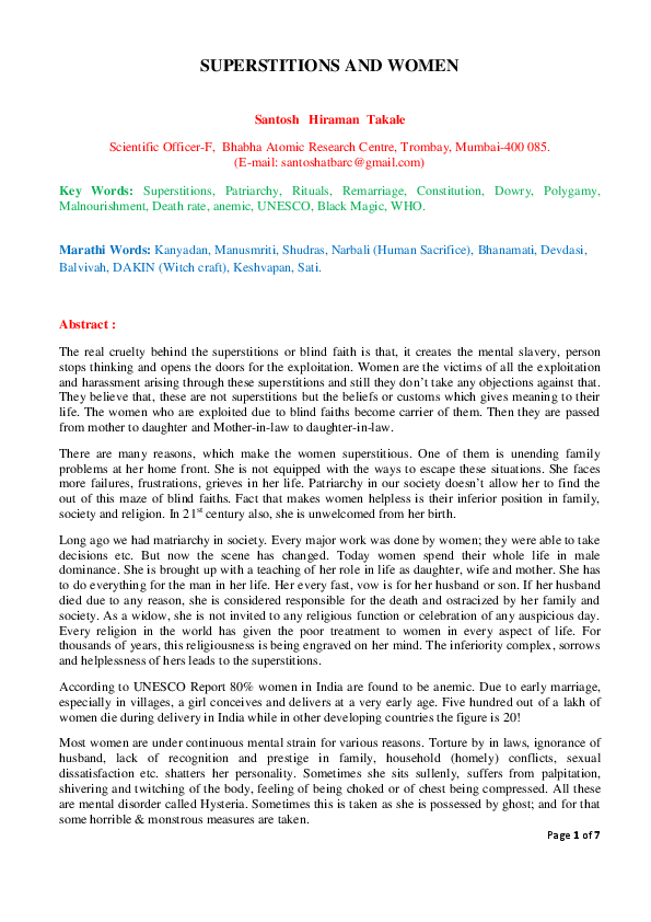 (PDF) SUPERSTITIONS AND WOMEN