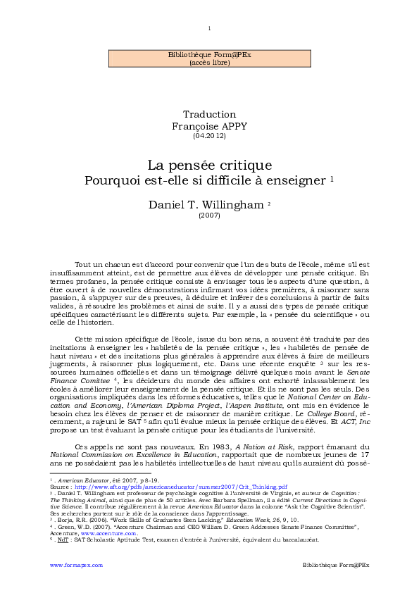 (PDF) La pensée critique Pourquoi est-elle si difficile à enseigner 1
