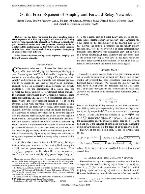 Pdf On The Error Exponent Of Amplify And Forward Relay Networks