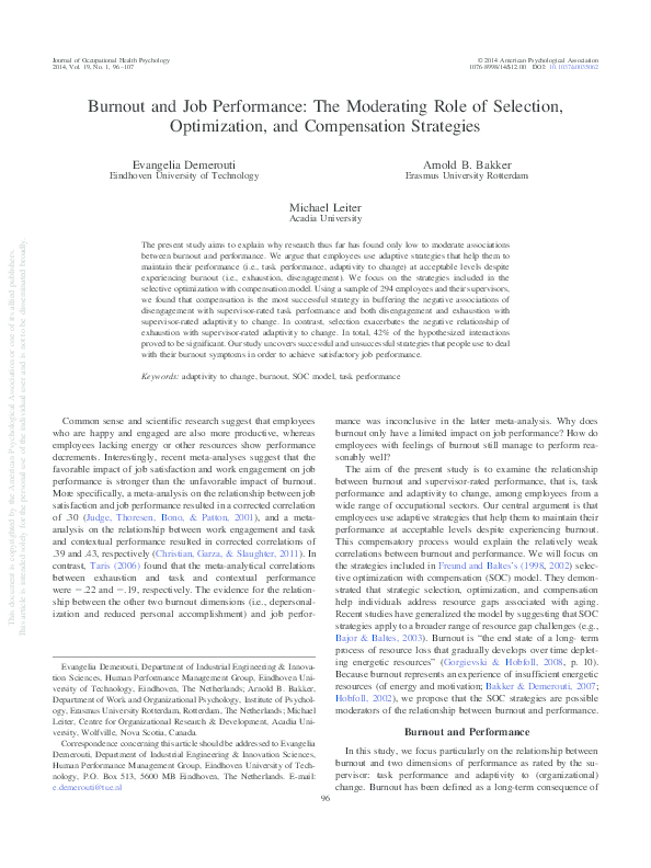(PDF) Burnout and Job Performance: The Moderating Role of Selection ...