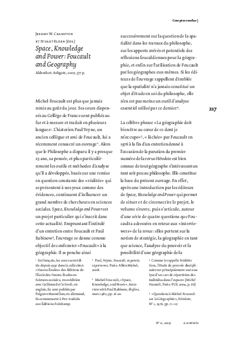 « Space, Knowledge and Power: Foucault and Geography », de Jeremy W ...