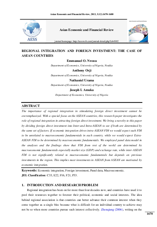 (PDF) REGIONAL INTEGRATION AND FOREIGN INVESTMENT: THE CASE OF ASEAN ...