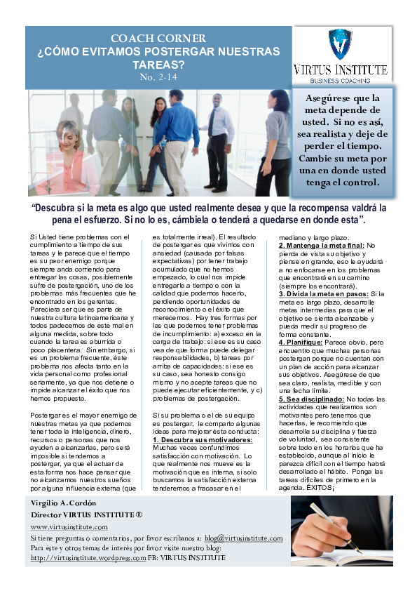(PDF) COACH CORNER: ¿CÓMO EVITAMOS POSTERGAR NUESTRAS TAREAS?