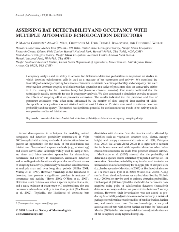 Pdf Assessing Bat Detectability And Occupancy With Multiple Automated
