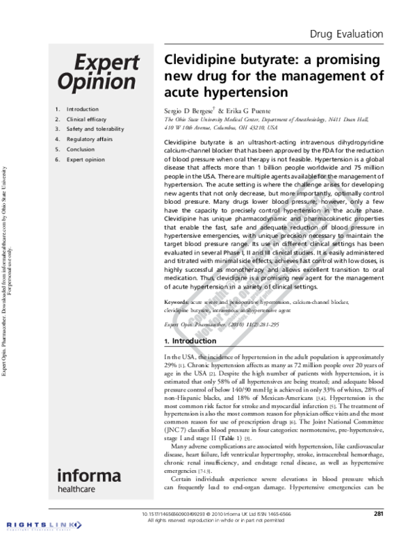 (PDF) Clevidipine butyrate: a promising new drug for the management of ...
