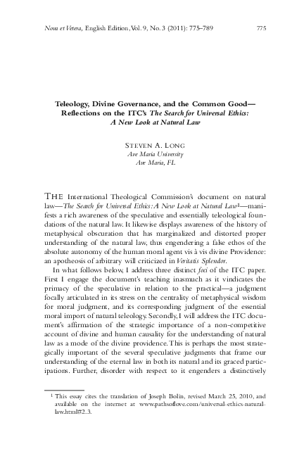 (PDF) Teleology, Divine Governance, and the Common Good— Reflections on ...