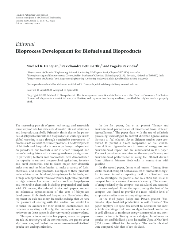 (PDF) Bioprocess Development for Biofuels and Bioproducts
