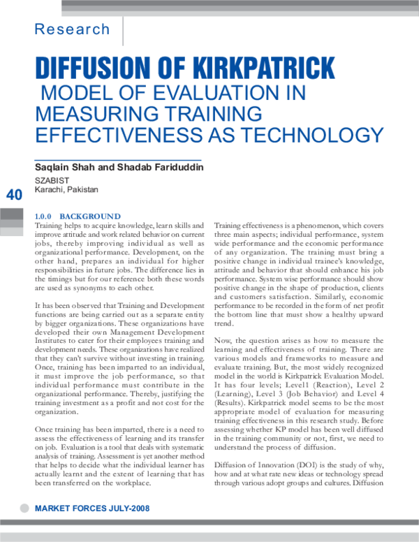Diffusion of Kirkpatrick Model of Evaluation in Measuring Training ...
