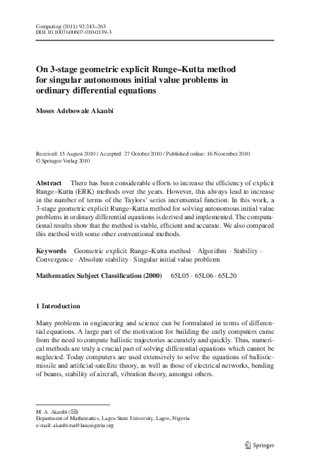 (PDF) On 3-stage geometric explicit Runge–Kutta method for singular autonomous initial value ...