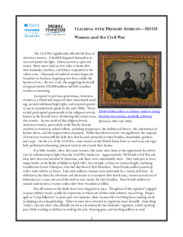 (PDF) TEACHING WITH PRIMARY SOURCES—MTSU Women and the Civil War