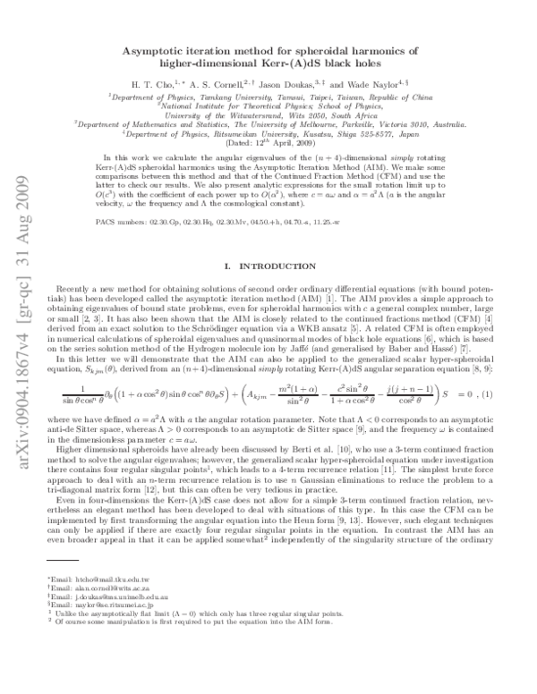 (PDF) Asymptotic iteration method for spheroidal harmonics of higher-dimensional Kerr(A)dS black ...