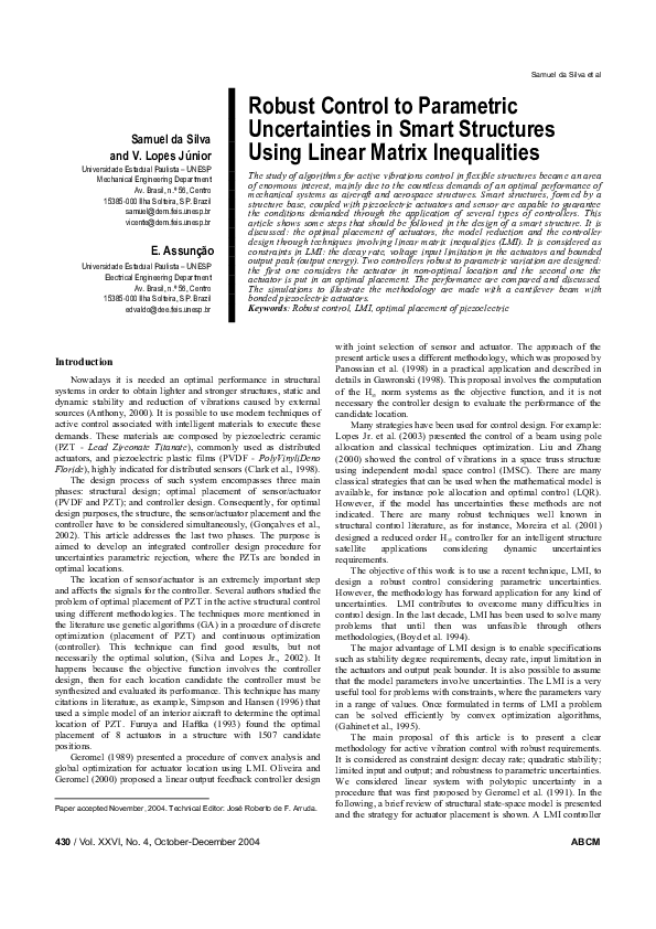 (PDF) Robust control to parametric uncertainties in smart structures using linear matrix ...