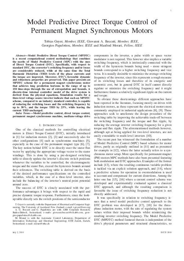 Pdf Model Predictive Direct Torque Control Of Permanent Magnet Synchronous Motors