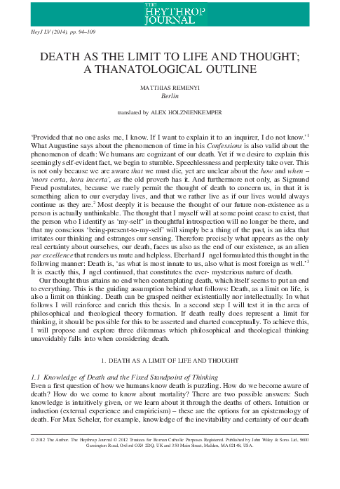 (PDF) DEATH AS THE LIMIT TO LIFE AND THOUGHT; A THANATOLOGICAL OUTLINE