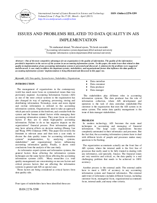(PDF) ISSUES AND PROBLEMS RELATED TO DATA QUALITY IN AIS IMPLEMENTATION