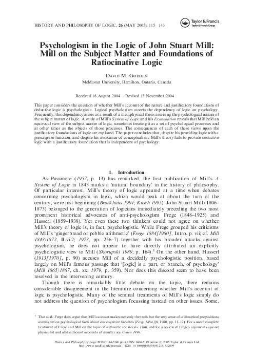 (PDF) Psychologism in the logic of John Stuart Mill: Mill on the ...