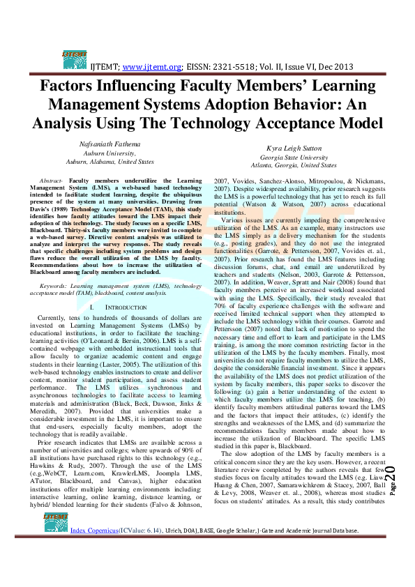 (PDF) Factors Influencing Faculty Members' Learning Management Systems Adoption Behavior: An ...