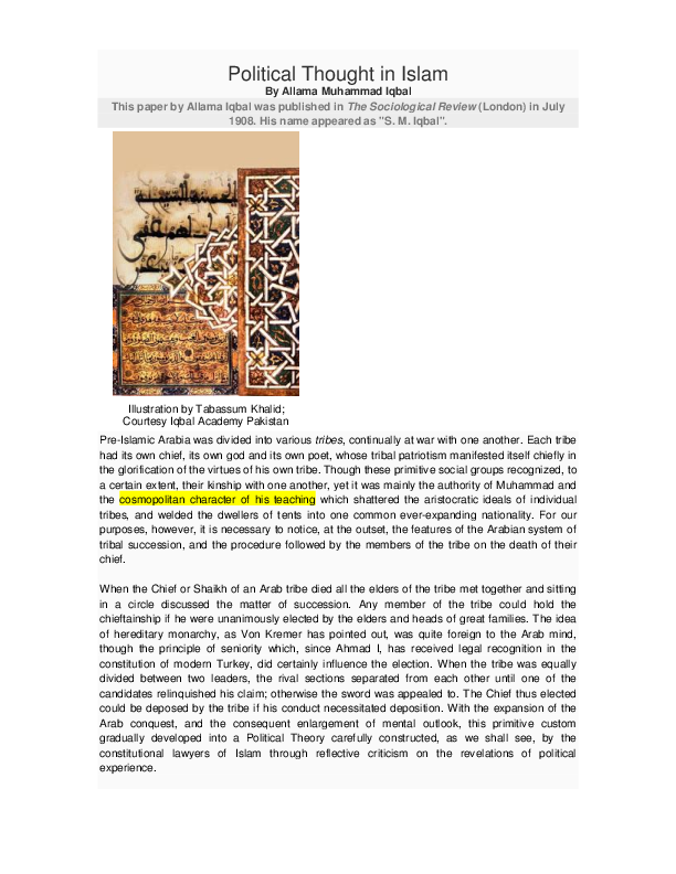 (PDF) Political Thought in Islam by Allama Iqbal