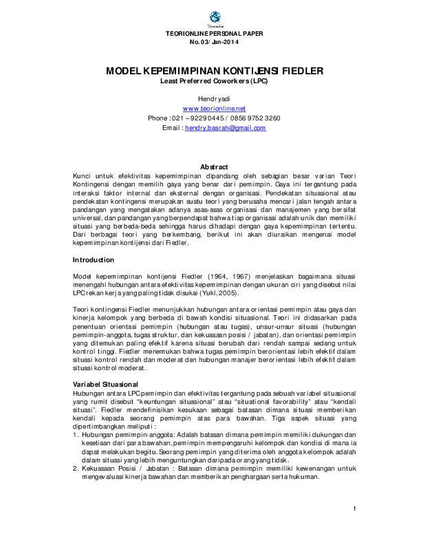 (PDF) MODEL KEPEMIMPINAN KONTIJENSI FIEDLER Least Preferred Coworkers (LPC