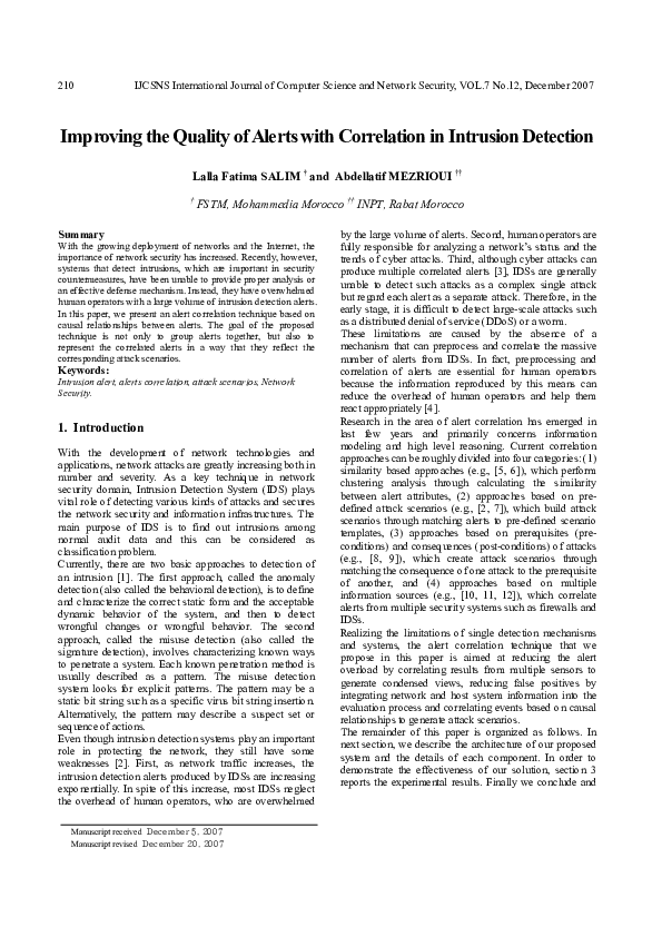 (PDF) Improving the Quality of Alerts with Correlation in Intrusion Detection