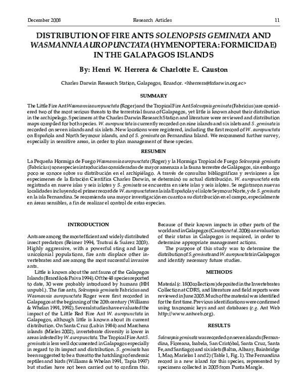 (PDF) DISTRIBUTION OF FIRE ANTS SOLENOPSIS GEMINATA AND WASMANNIA AUROPUNCTATA (HYMENOPTERA ...