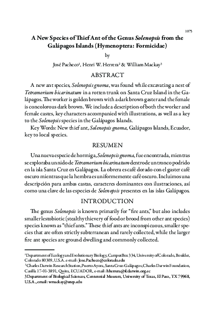 (PDF) A New Species of Thief Ant of the Genus Solenopsis from the Galápagos Islands (Hymenoptera ...