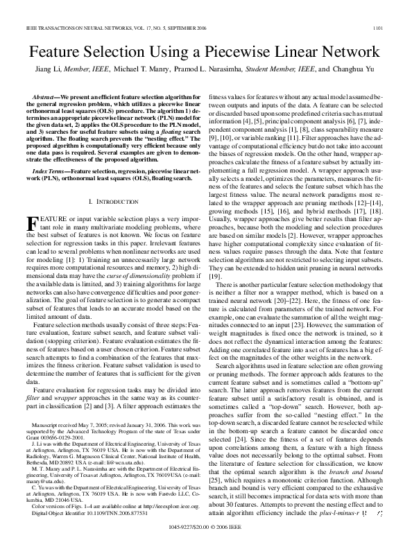 Pdf Efficient Feature Selection Via Piecewise Linear Network