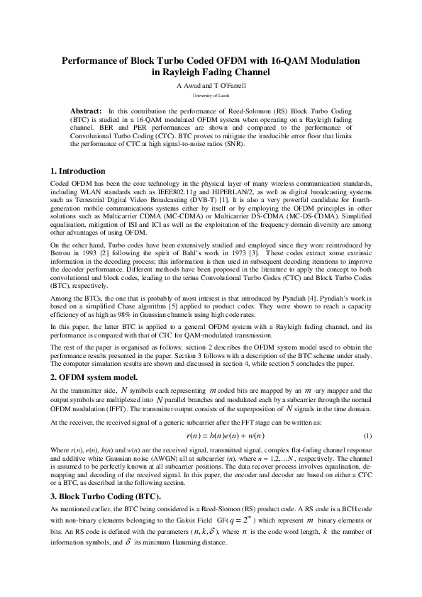 Pdf Performance Of Block Turbo Coded Ofdm With 16 Qam Modulation In