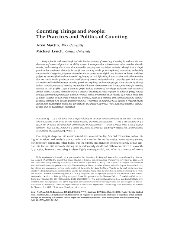 Counting Things and People: The Practices and Politics of Counting