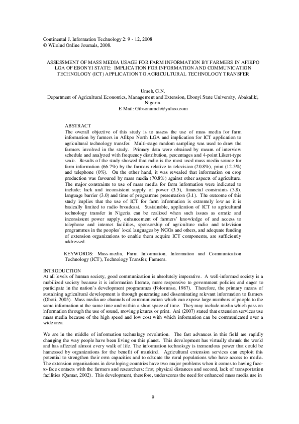 (PDF) ASSESSMENT OF MASS MEDIA USAGE FOR FARM INFORMATION BY FARMERS IN ...