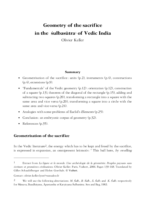 (PDF) Geometry of the sacrifice in the Sulbasutras of Vedic India