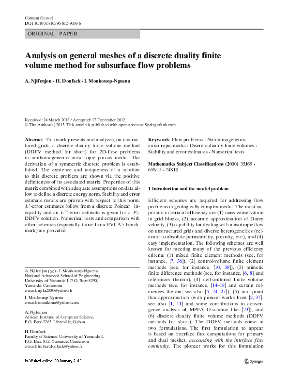 (PDF) Analysis on general meshes of a discrete duality finite volume method for subsurface flow ...