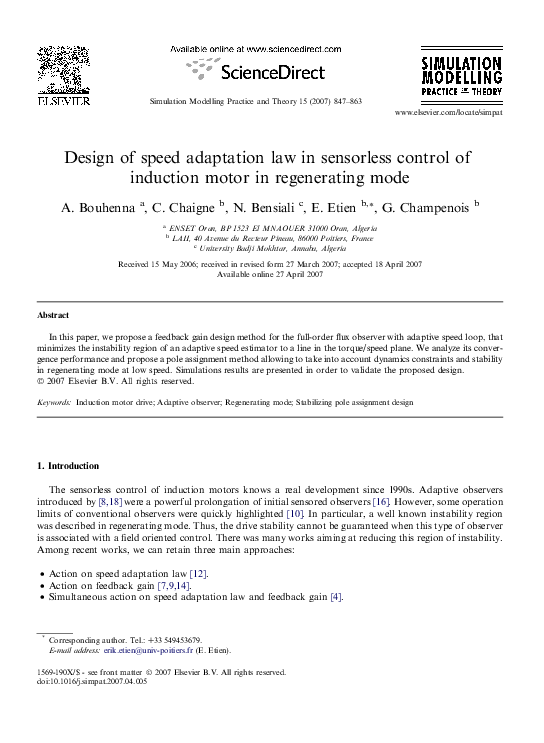 Pdf Design Of Speed Adaptation Law In Sensorless Control Of Induction Motor In Regenerating Mode