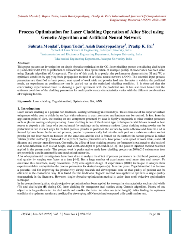 (PDF) Process Optimization for Laser Cladding Operation of Alloy Steel using Genetic Algorithm ...