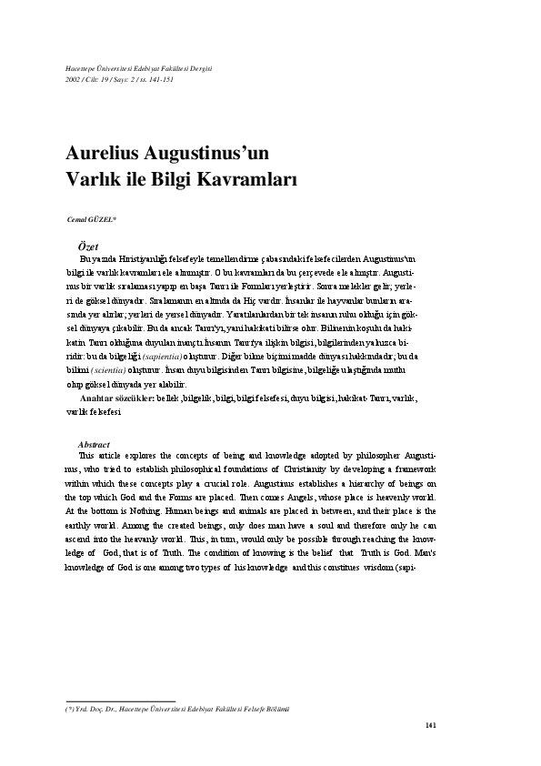 (PDF) Aurelius Augustinus’un Varlık ile Bilgi Kavramları