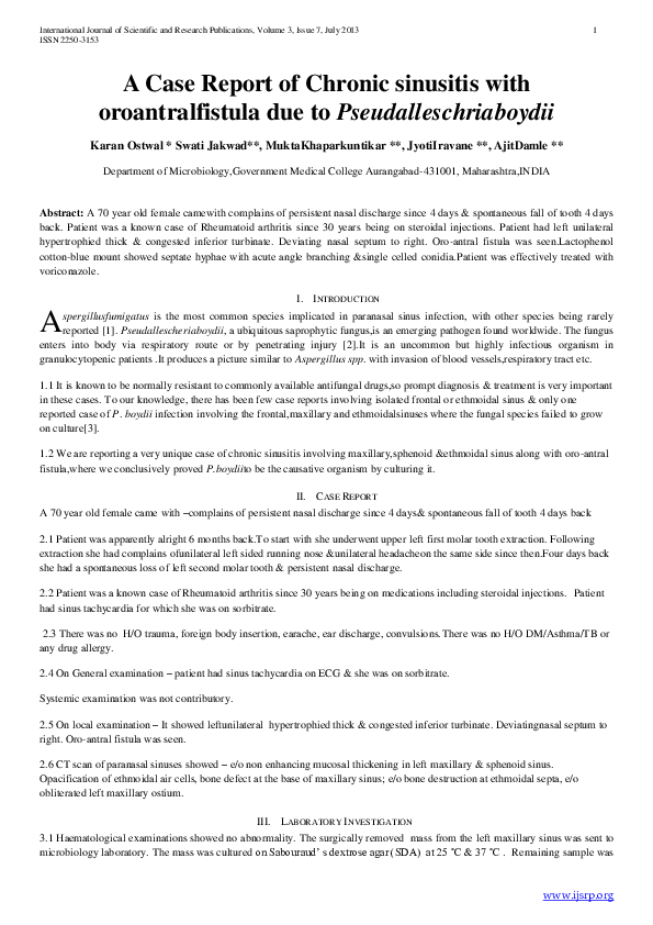 (PDF) A Case Report of Chronic sinusitis with oroantralfistula due to Pseudalleschriaboydii