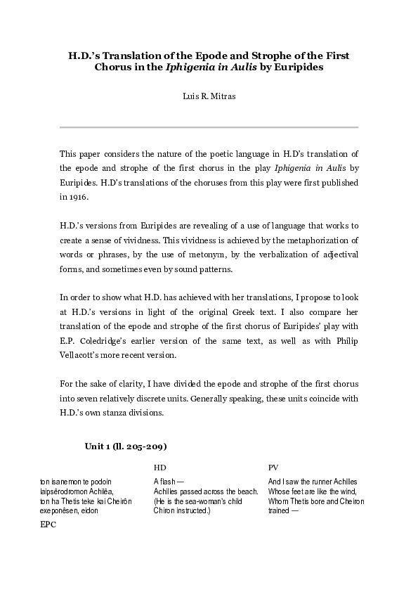 (PDF) H.D.'s Translation of the Epode and Strophe of the First Chorus ...