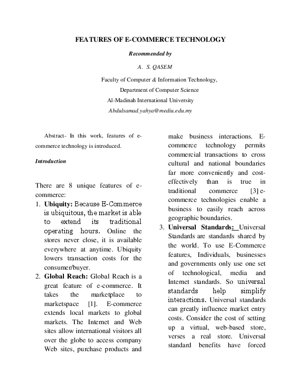 (PDF) FEATURES OF E-COMMERCE TECHNOLOGY Recommended by