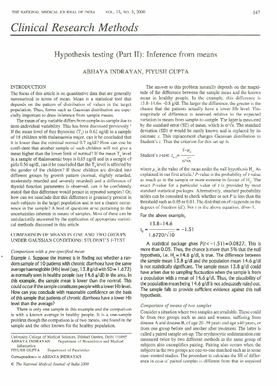 Pdf Hypothesis Testing Part Ii Inference From Means