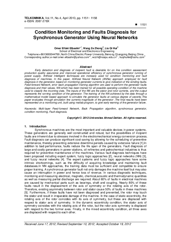 (PDF) Condition Monitoring and Faults Diagnosis for Synchronous Generator Using Neural Networks