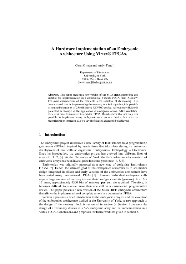 Pdf A Hardware Implementation Of An Embryonic Architecture Using Virtex® Fpgas