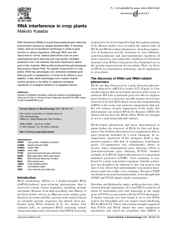 (PDF) RNA interference in crop plants