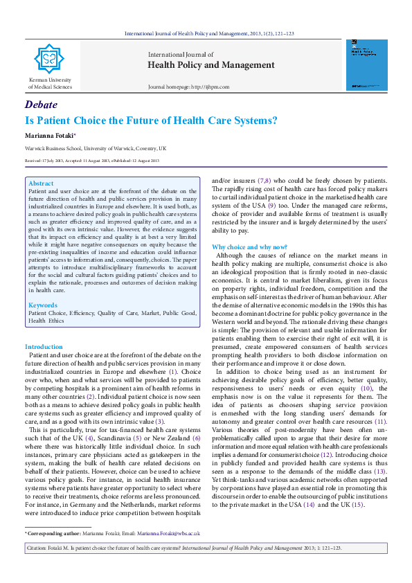 (PDF) Is Patient Choice the Future of Health Care Systems?