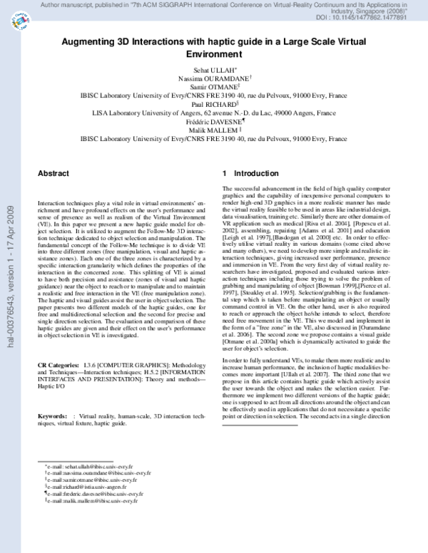 (PDF) Augmenting 3D interactions with haptic guide in a large scale virtual environment